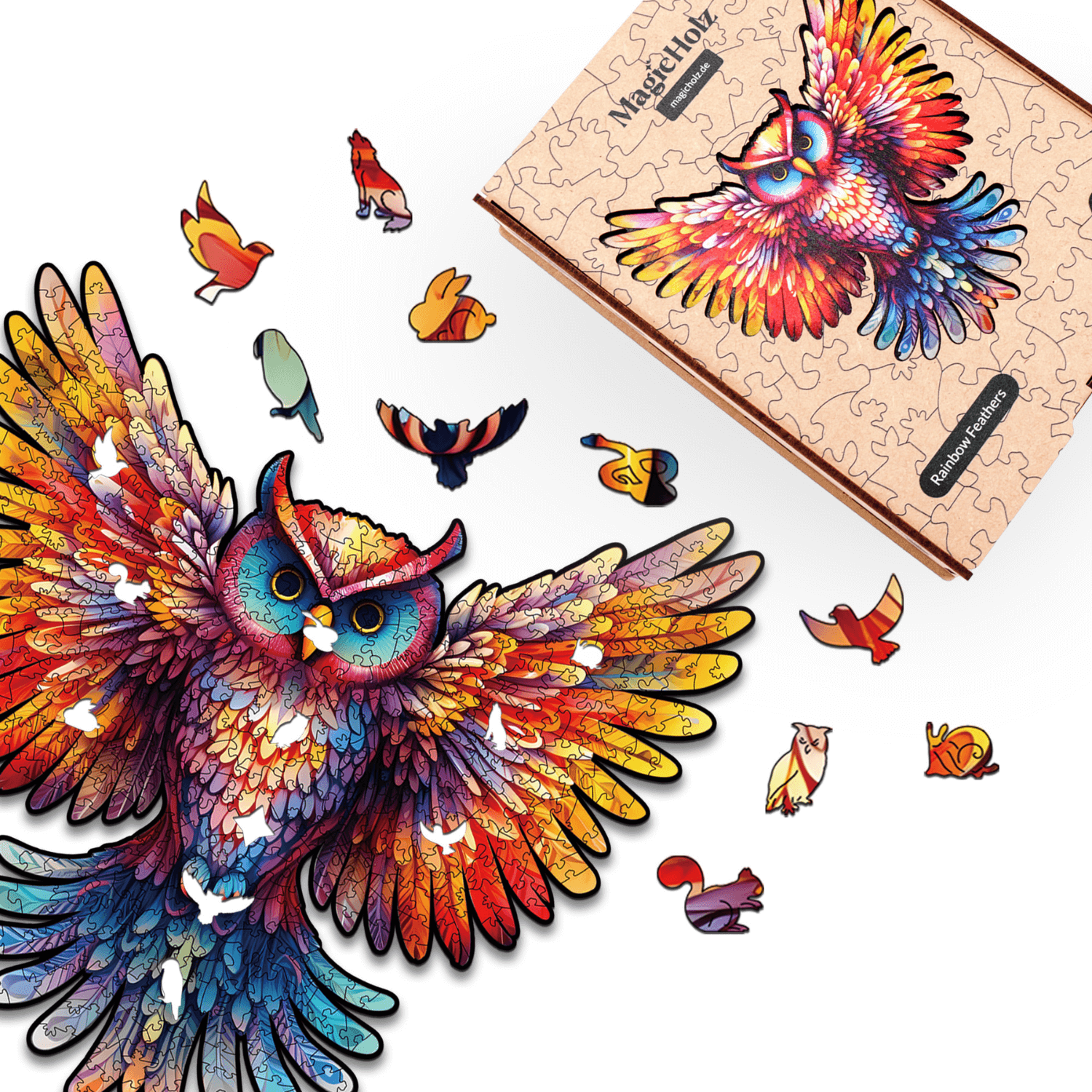 Owl wooden puzzle | rainbow feather | magic puzzle by MagicHolz